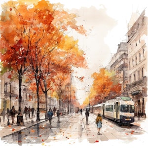 12 Autumn Street Clipart, Autumn Clipart, Printable Watercolor Clipart ...