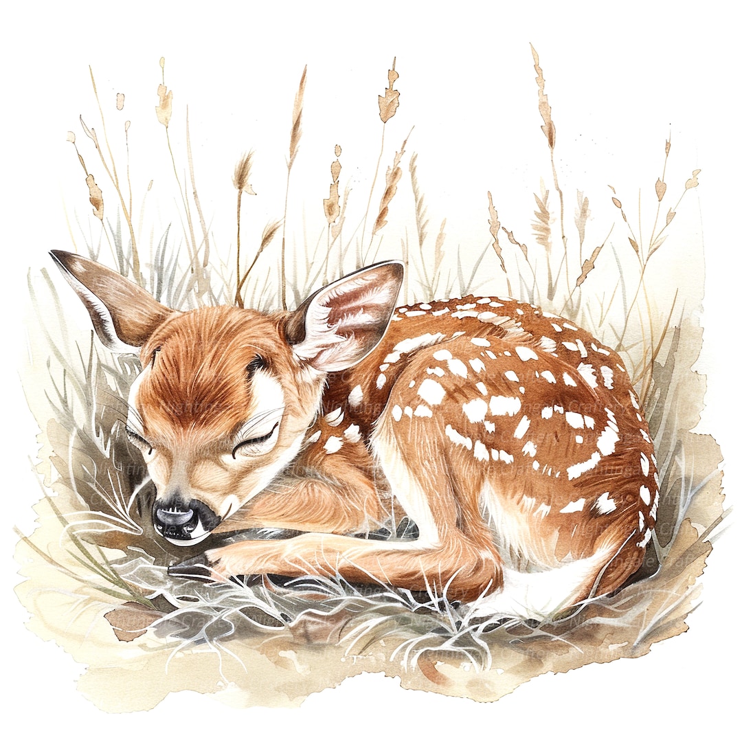 8 Baby Fawn Sleeping Clipart, Fawn Clipart, Printable Watercolor ...