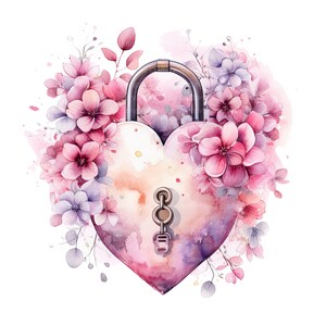 14 Vintage Floral Padlock Clipart, Heart Shaped, Printable Watercolor ...