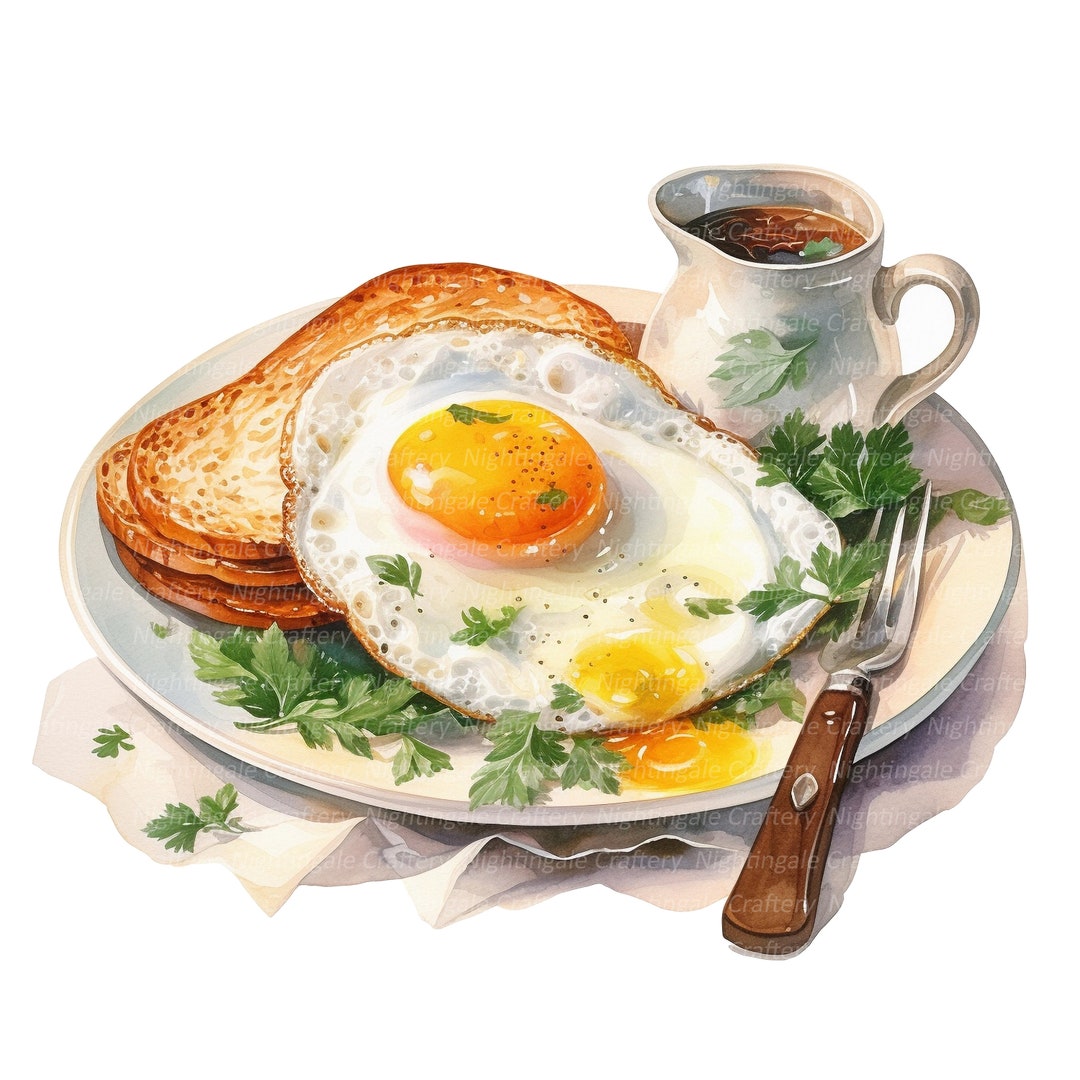 10 Breakfast Clipart, Fried Eggs Clipart, Printable Watercolor Clipart ...