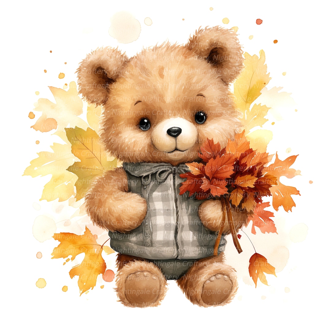 12 Bear and Autumn Bouquet Clipart, Fall Leaves, Printable Watercolor ...