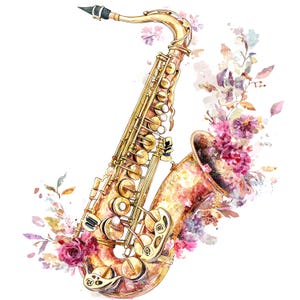 9 Floral Saxophone Clipart, Watercolor Saxophone, Printable Watercolor ...