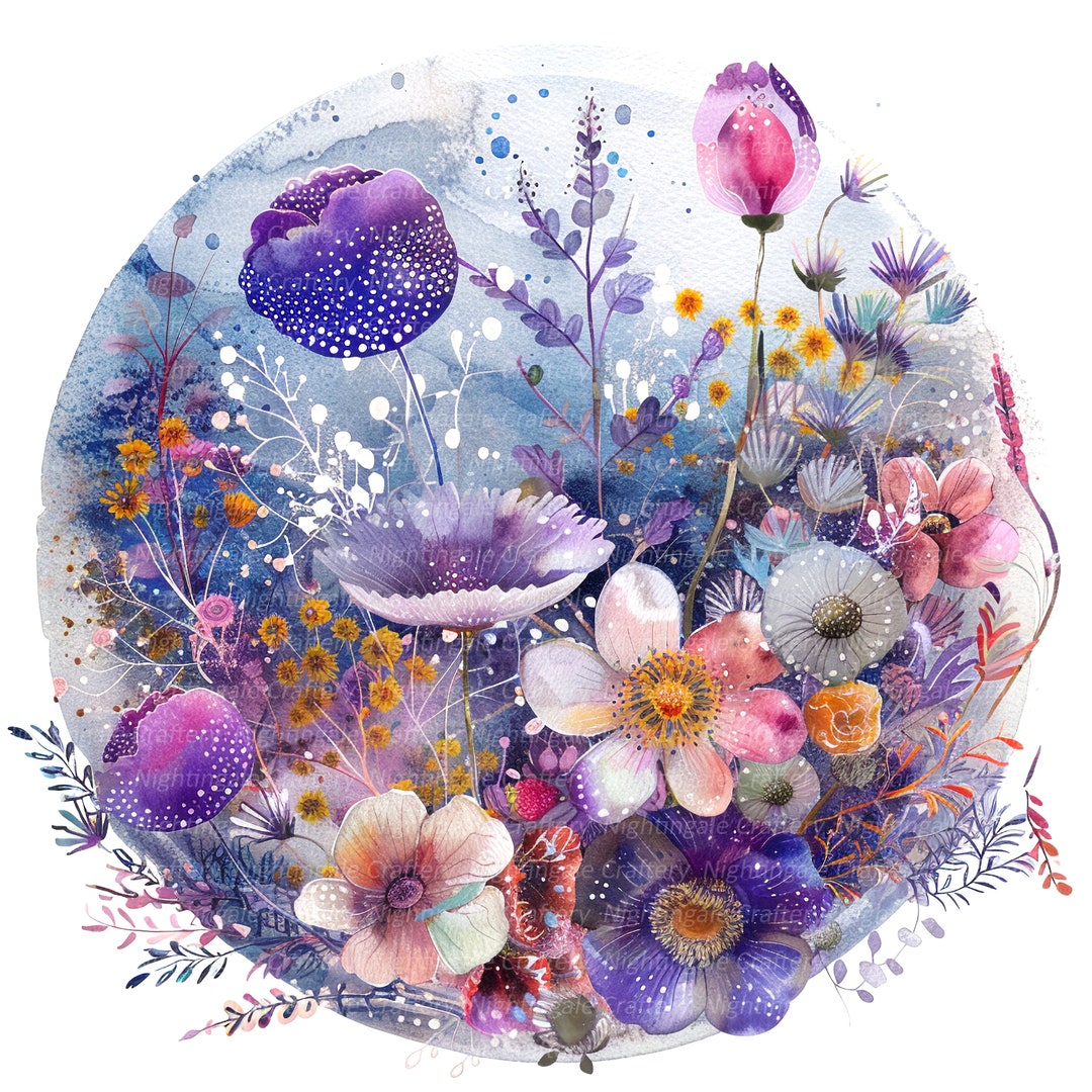 12 Floral Decor Circle Set 3, Florals, Digital Clipart, Watercolor ...