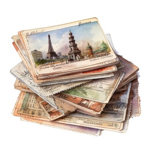 10 Stack of Postcards Clipart, Vintage Postcard, Printable Watercolor ...
