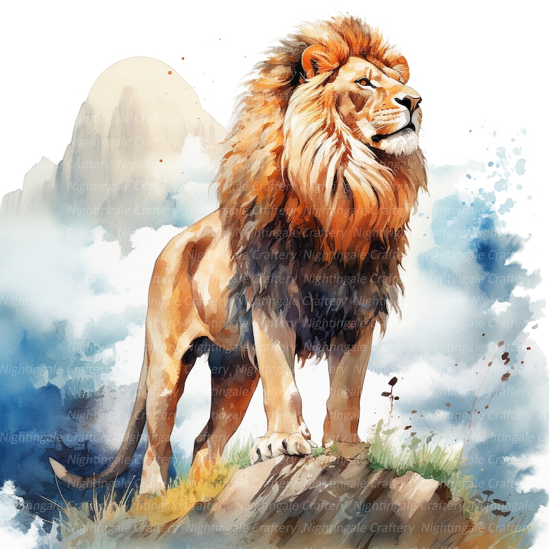 9 Lion on Cliff Clipart, Watercolor Lion, Printable Watercolor Clipart ...