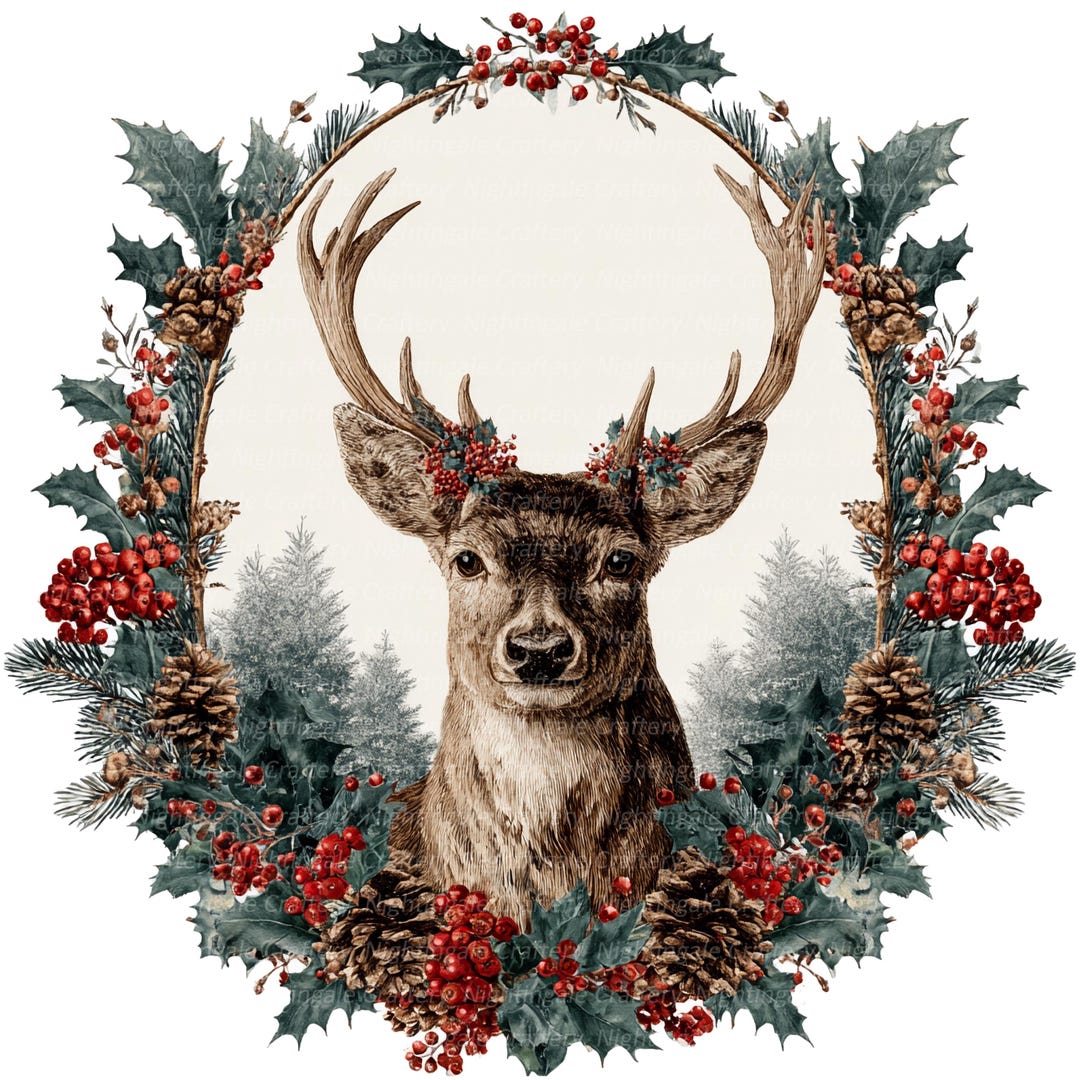 Christmas Deer Clipart: Watercolor Wreath, Junk Journal Graphics ...