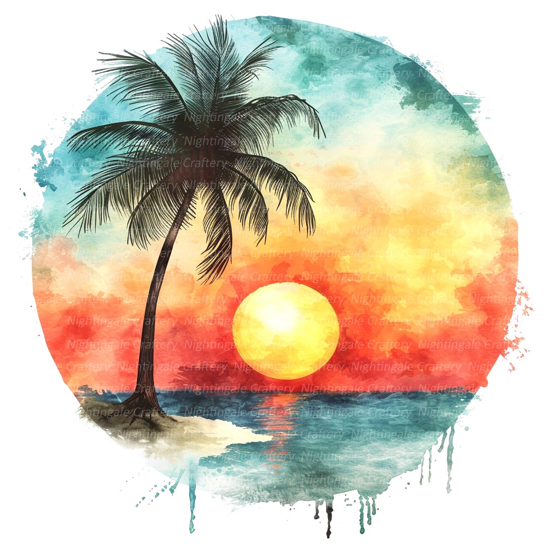 9 Abstract Sunset Clipart, Tropical Print, Beach Clipart, Printable Watercolor Clipart, High ...