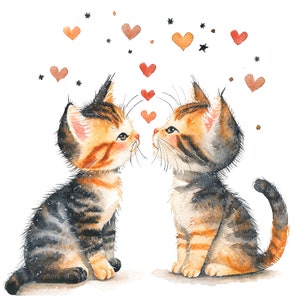 10 Kitten Love Clipart, Romantic Cats Clipart, Printable Watercolor ...