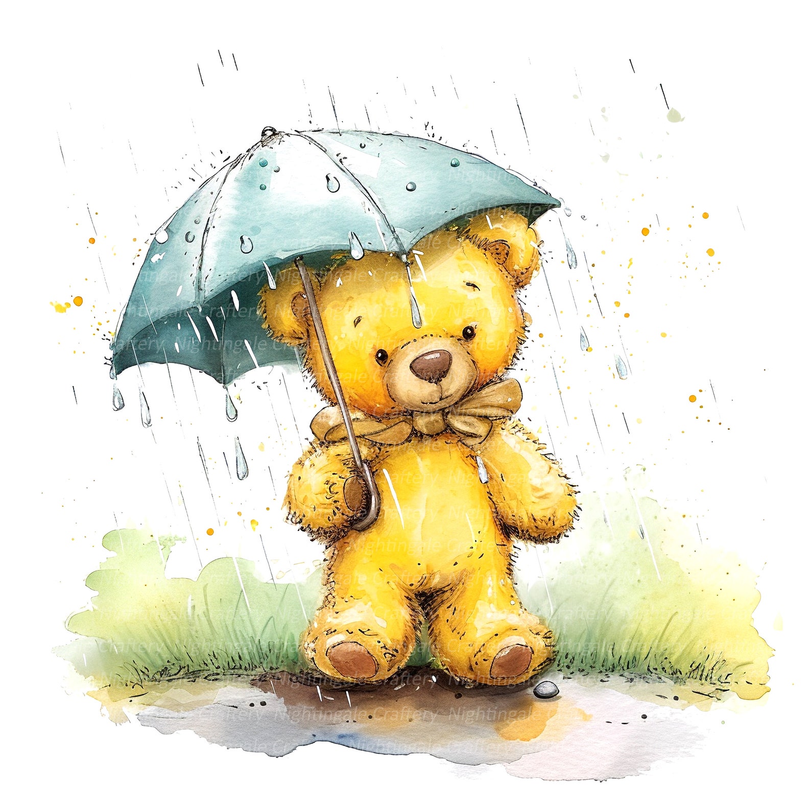 10 Teddy Bear Rainy Clipart, Teddy Bear in Rain, Printable Watercolor ...