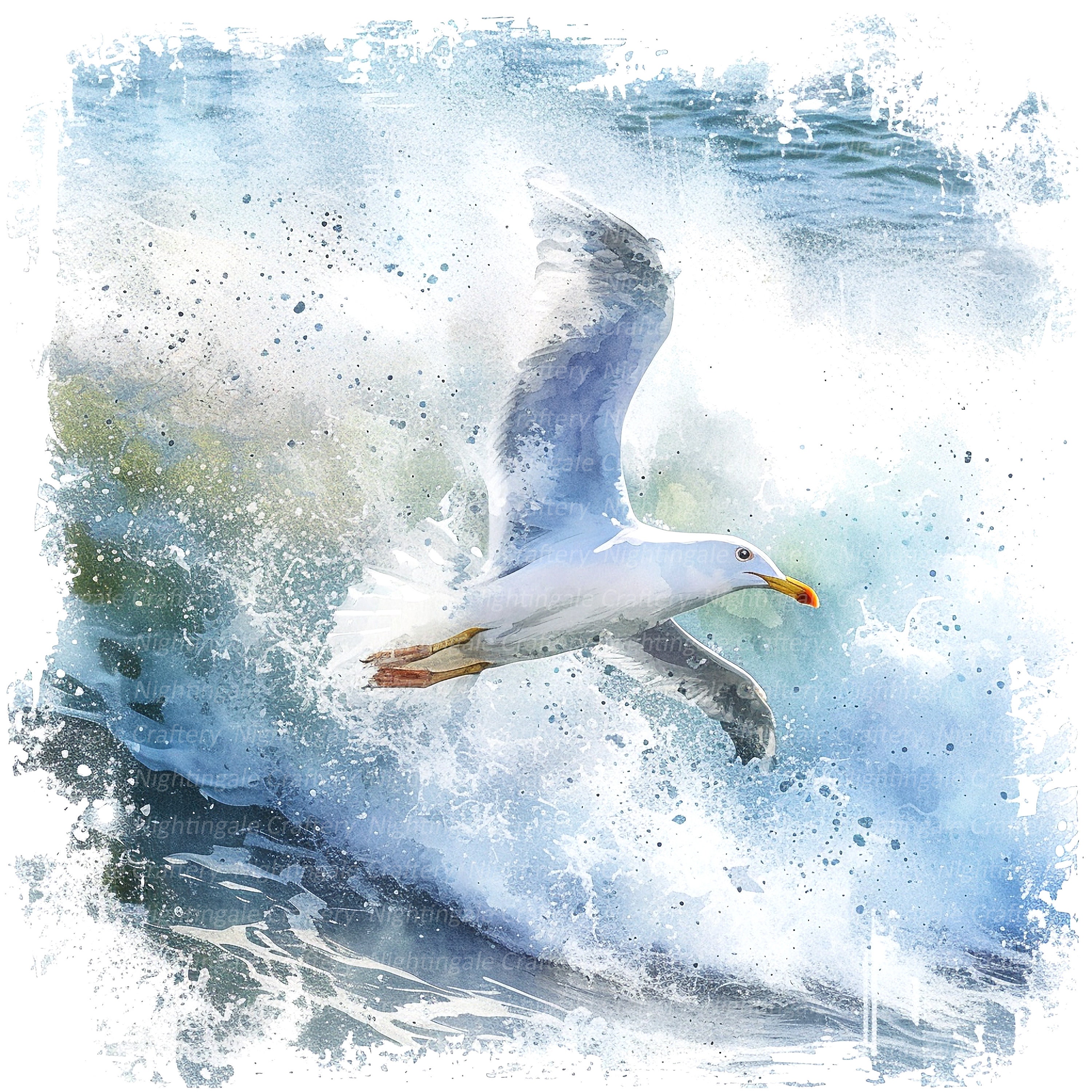 12 Seagull Clipart, Gull, Waves Clipart, Printable Watercolor Clipart ...