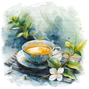 12 Jasmine Tea Clipart, Tea Cup Clipart, Printable Watercolor Clipart ...