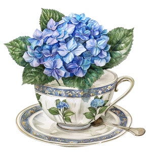 10 Hydrangea in Tea Cup Clipart, Floral Tea Cup, Printable Watercolor ...