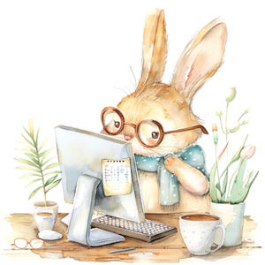 9 Bunny at Computer Clipart, Bunny Clipart, Printable Watercolor ...
