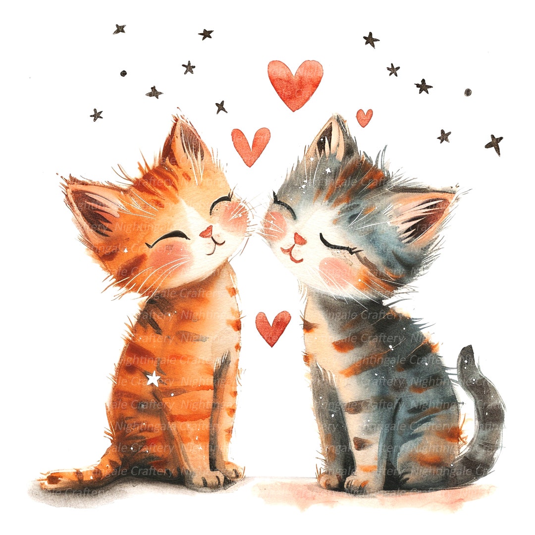 10 Kitten Love Clipart, Romantic Cats Clipart, Printable Watercolor ...