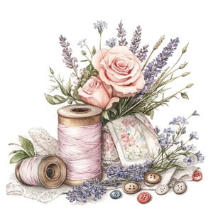 14 Vintage Spools of Thread Clipart, Floral Sewing Kit, Printable ...