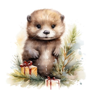 10 Christmas Otter Clipart, Cute Otter Clipart, Printable Watercolor ...