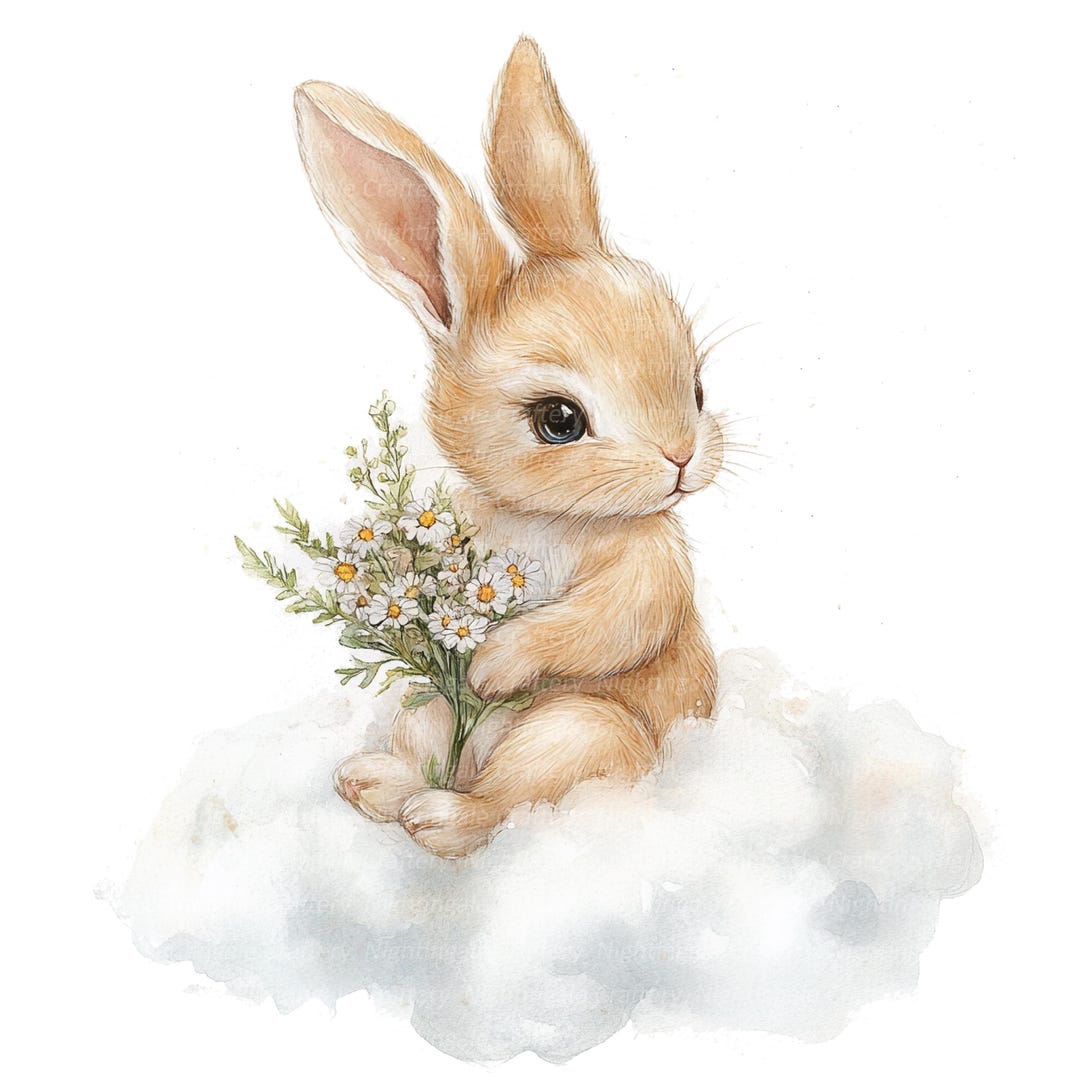 7 Cute Bunny Clipart, Nursery Clouds Clipart, Printable Watercolor ...