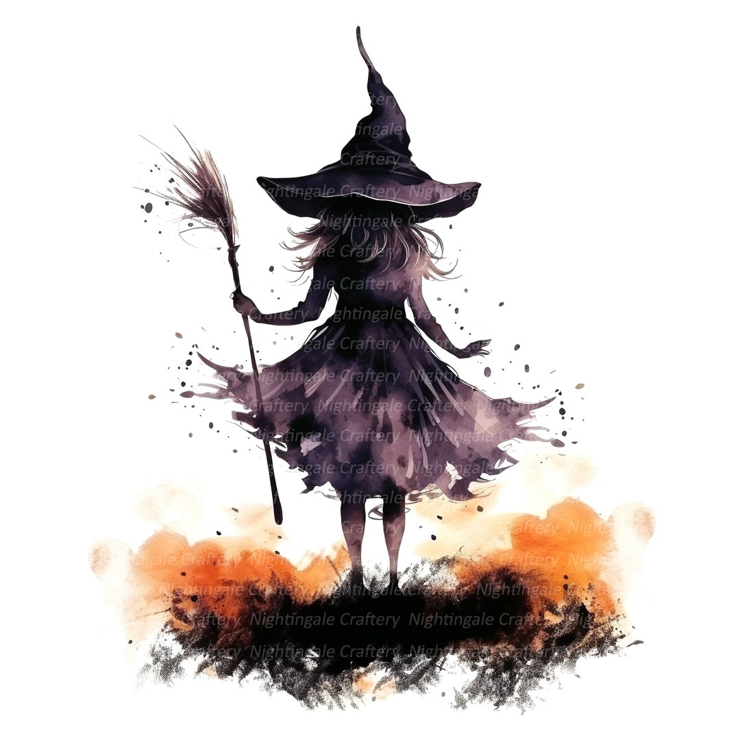 12 Little Witch Clipart, Witch With Broom, Printable Watercolor Clipart ...