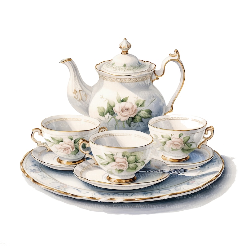 10 Vintage Tea Set Clipart, Floral Tea Set, Printable Watercolor ...