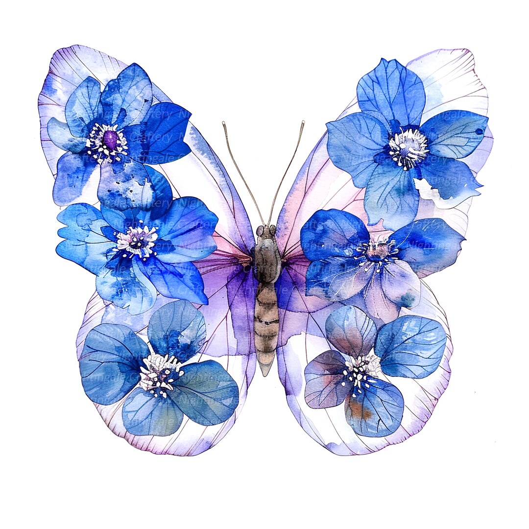 12 Floral Butterfly Clipart, Blue Butterfly, Printable Watercolor ...