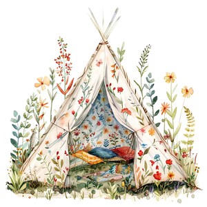 12 Floral Tent Clipart, Boho Tent Clipart, Printable Watercolor Clipart ...