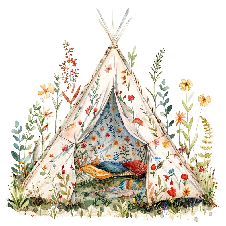 12 Floral Tent Clipart, Boho Tent Clipart, Printable Watercolor Clipart ...