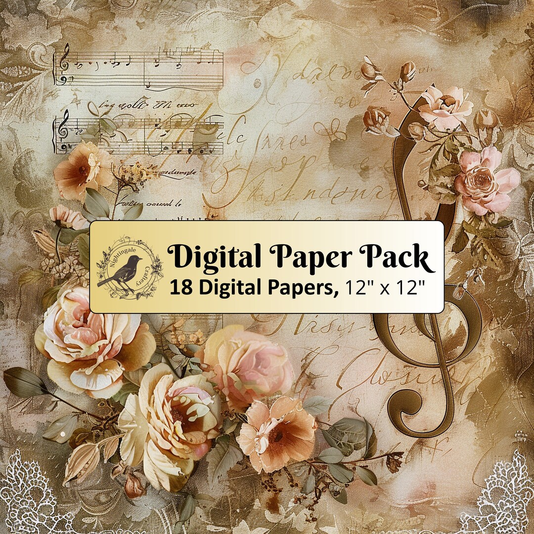 18 Floral Music Notes Background Papers, 12 X 12 Digital Paper Pack ...