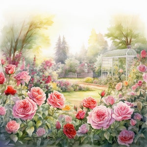 10 Rose Garden Clipart, Sunset Over Garden, Printable Watercolor ...