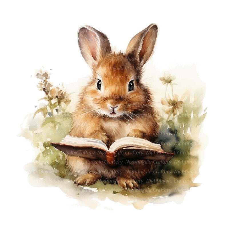 12 Bunny Reading Book Clipart, Bunny Clipart, Printable Watercolor ...