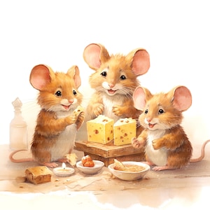 12 Mice Family Party Clipart, Mouse and Cheese, Printable Watercolor ...