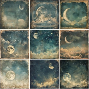 18 Vintage Moon Stars Background Papers, 12 X 12 Digital Paper Pack ...