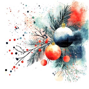 10 Christmas Card Clipart, Red Blue Baubles, Printable Watercolor ...