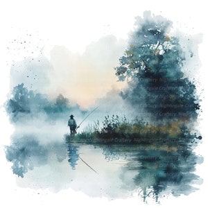 9 Man Fishing Art Clipart Set 3, Lake Fishing, Printable Watercolor ...