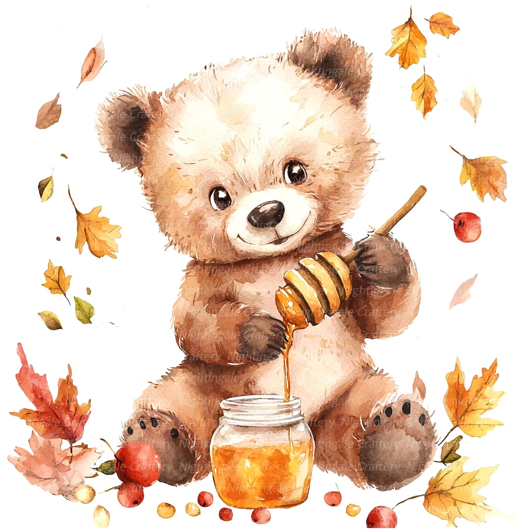 8 Bear and Honey Clipart, Honey Clipart, Nursery Bear Cub, Printable ...
