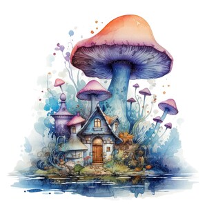 12 Magic Toadstool Fairy House Clipart, Printable Watercolor Clipart ...