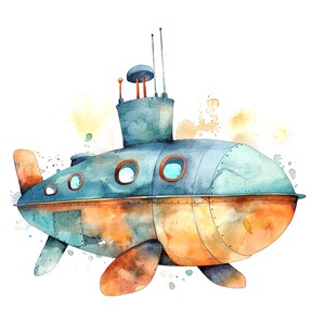 10 Cartoon Submarine Clipart, Toy Sub Clipart, Printable Watercolor ...