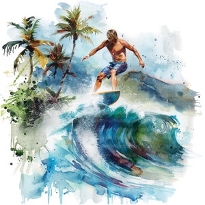 8 Surfing Clipart, Beach Clipart, Surfing Waves, Printable Watercolor ...
