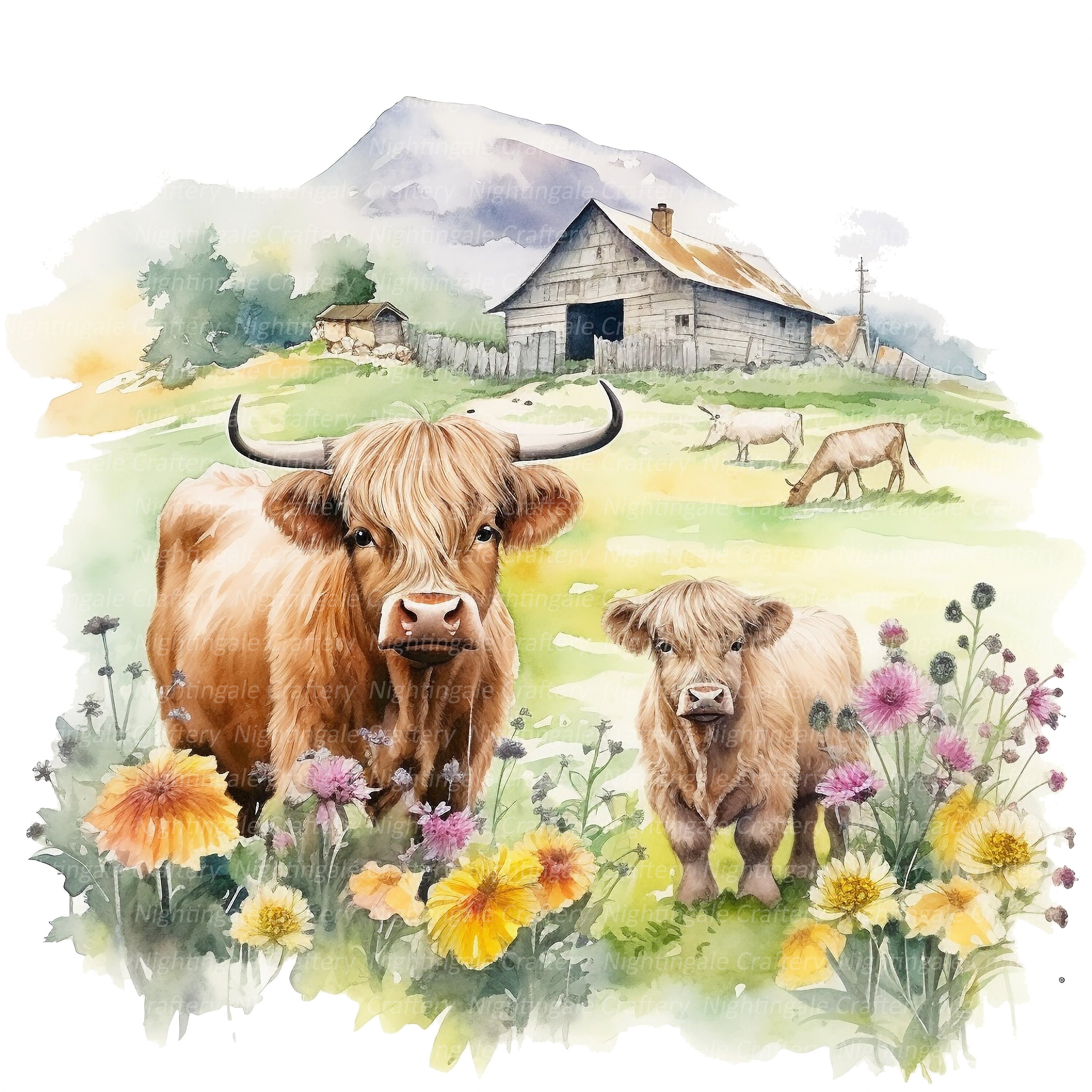 8 Highland Cow Farm Clipart, Farm Clipart, Printable Watercolor Clipart ...