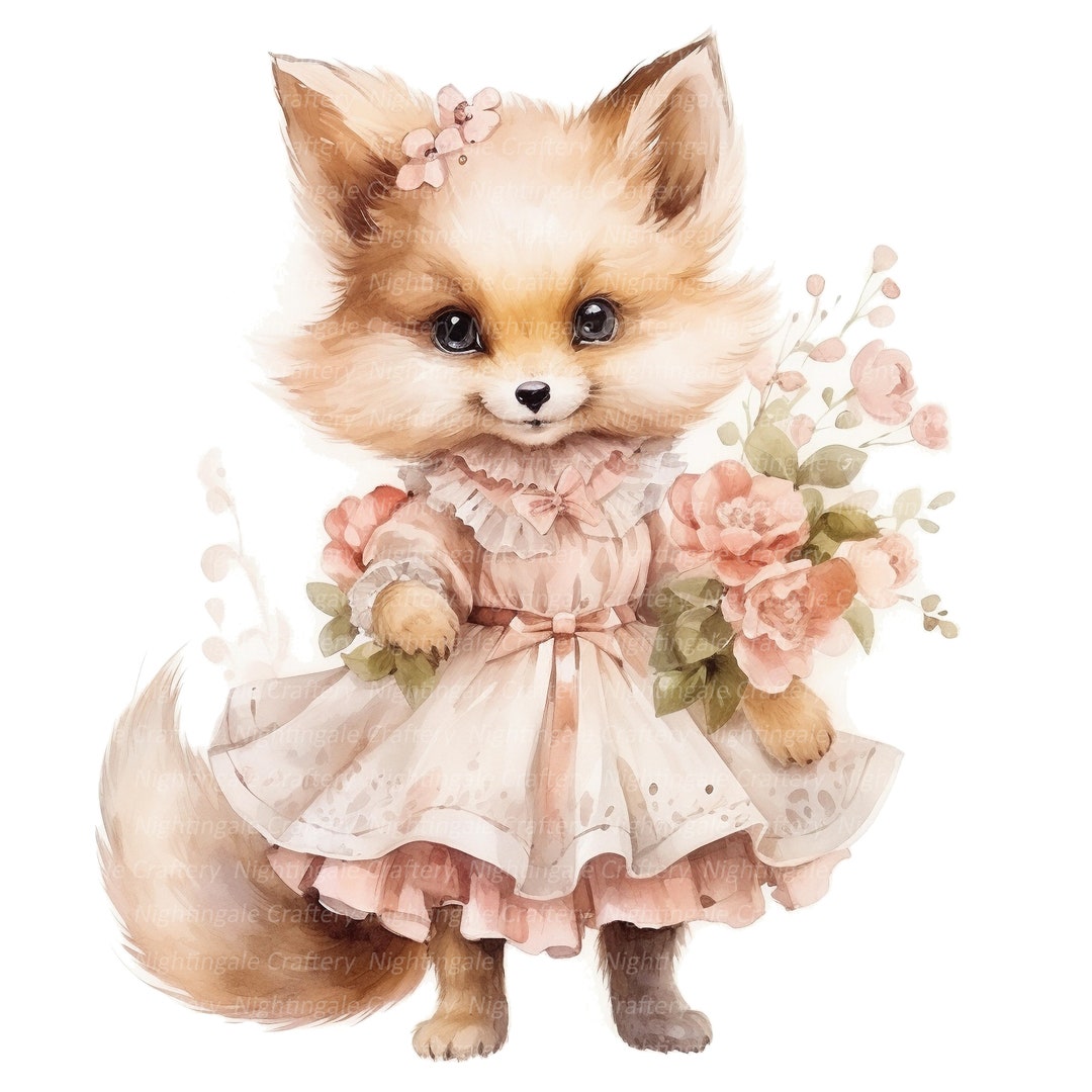 10 Floral Fox Baby Clipart, Shabby Chic Clipart, Printable Watercolor ...