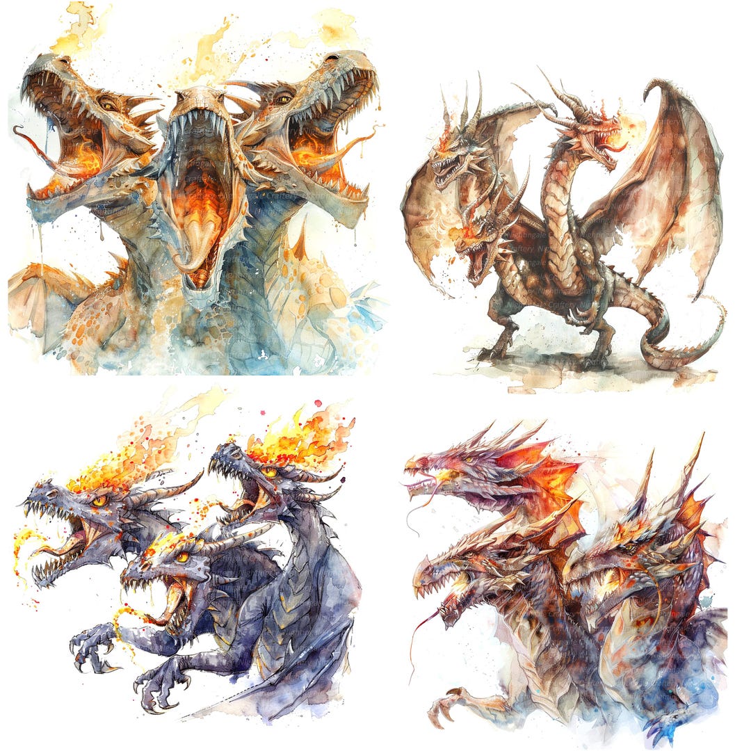 16 Dragon Clipart, Chinese, Multi Headed Dragon, Printable Watercolor ...