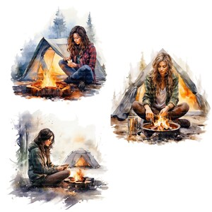 14 Woman Camping Clipart, Camping With Tents, Printable Watercolor ...