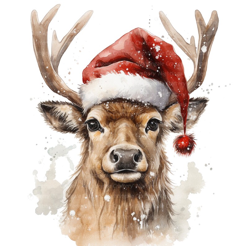 12 Deer With Santa Hat Clipart, Reindeer, Fawn, Printable Watercolor ...