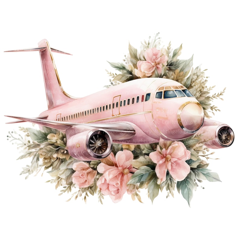 10 Floral Plane Clipart, Vintage Plane, Printable Watercolor Clipart ...