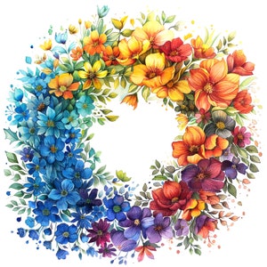 12 Floral Rainbow Clipart, Floral Wreath, Rainbow Clipart, Printable ...