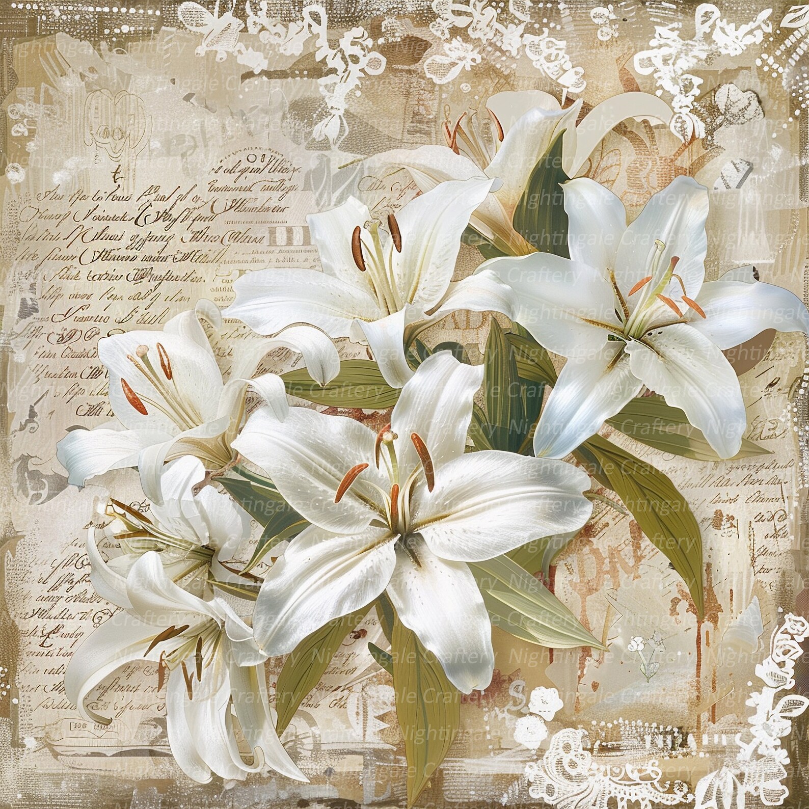 18 Vintage Lilies Background Papers, 12 X 12 Digital Paper Pack, Junk ...