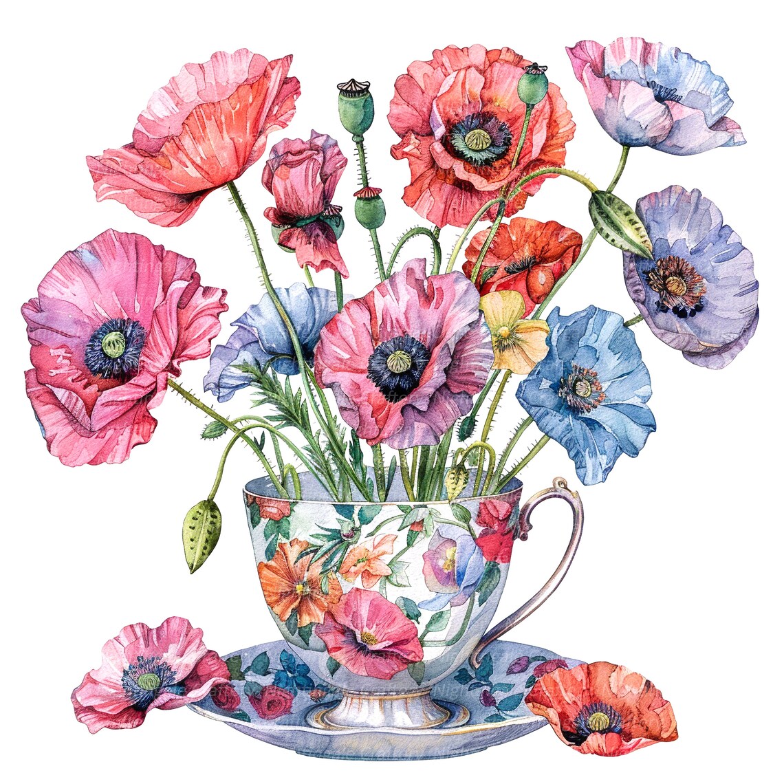 10 Poppies in Tea Cup Clipart, Floral Tea Cup, Printable Watercolor ...