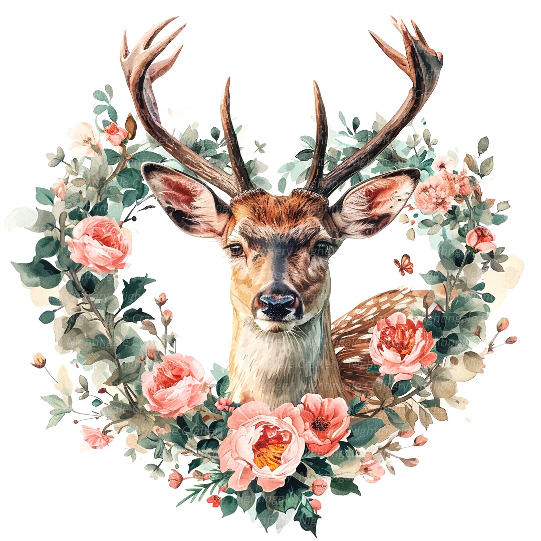 10 Floral Deer Clipart, Deer Heart Wreath, Printable Watercolor Clipart ...