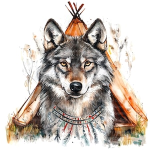 12 Tribal Wolf Clipart, Native Indian Wolf, Printable Watercolor ...