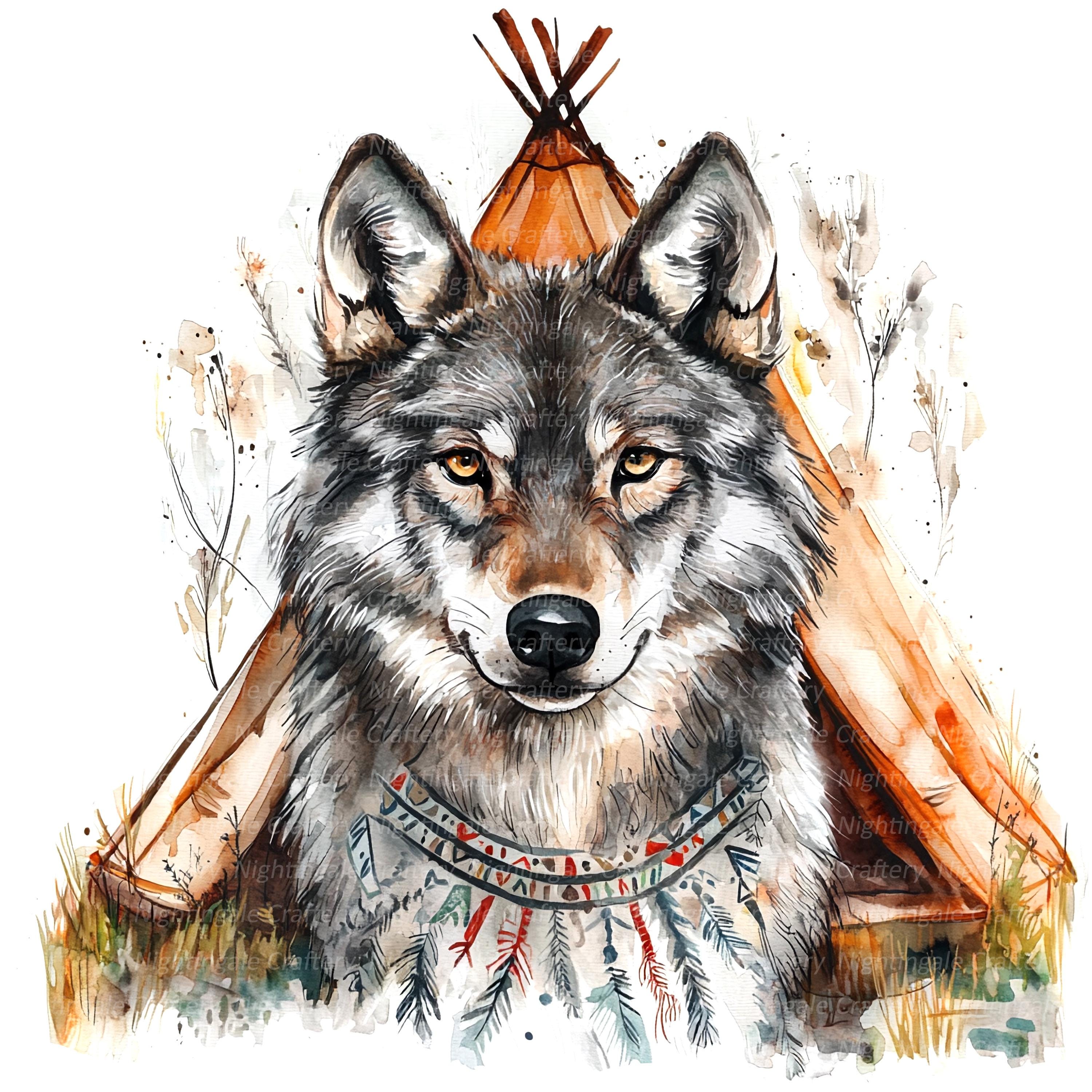 12 Tribal Wolf Clipart, Native Indian Wolf, Printable Watercolor ...