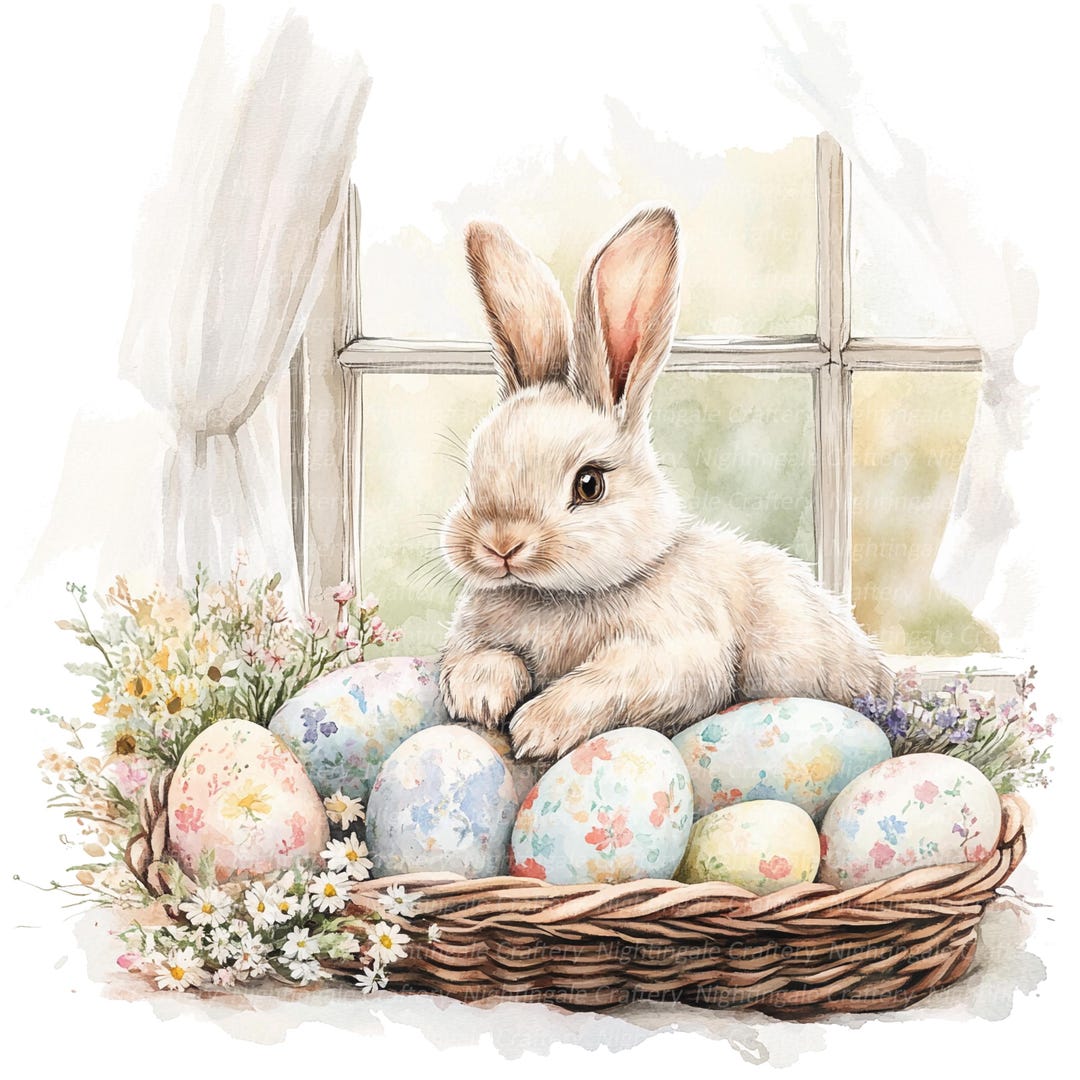 10 Easter Bunny and Eggs Clipart, Easter Clipart, Printable Watercolor ...